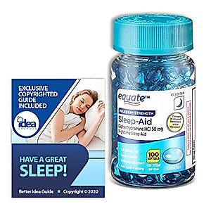 Equate Maximum Strength Sleep-Aid Softgels 50mg, 100 Ct Bundle with Exclusive "Have a Great Sleep" - Better Idea Guide (2 Items)