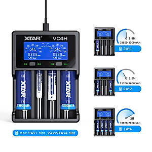 XTAR VC4H Battery Charger Smart LCD Display Universal Battery Charger 4 Slots Fast Charging for Rechargeable Batteries 3.6V/3.7V Li-ion18650 20700 21700 26650,1.2V Ni-MH/Ni-CD AAAA AAA AA Batteries