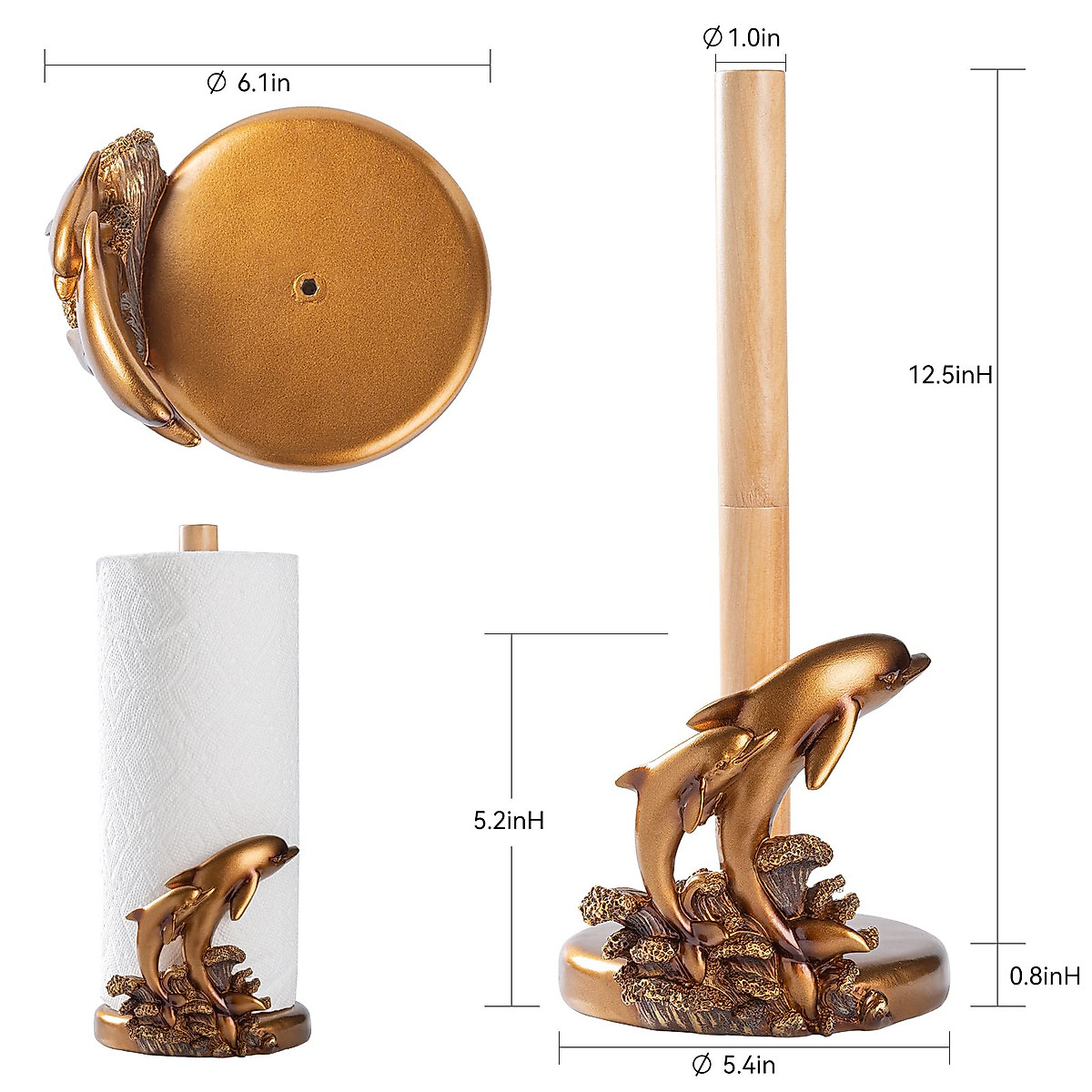 Dolphins Paper Towel Holder Countertop, Standing Paper Towel Holder for Kitchen Farmhouse Decor, with Weighted Resin Base Sturdy (Bronze)