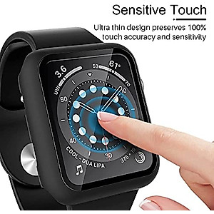 TAURI 2 Pack Hard Case Compatible for Apple Watch Series 3/2/1 42mm Built-in 9H Tempered Glass Screen Protector Slim Bumper Touch Sensitive Full Protective Cover Compatible for iWatch 42mm - Black