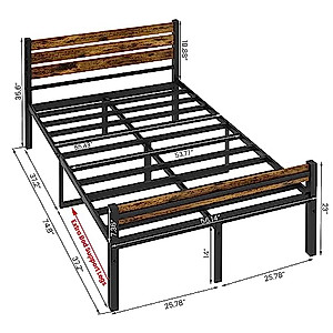 AWQM 14 Inch Full Bed Frame, Metal Platform Full Size Bed Frame with Wood Headboard and Footboard, No Noise, No Box Spring Needed, Bed Central with Extra Metal Support, More Sturdy, Rustic Brown+Black