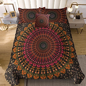 Sleepwish 4pcs Bohemian Duvet Cover Set Full Size for Kids Boys Girls Soft Paisley Black Orange Mandala Bedding Set, 1 Duvet Cover 2 Pillowcases 1 Cushion Cover
