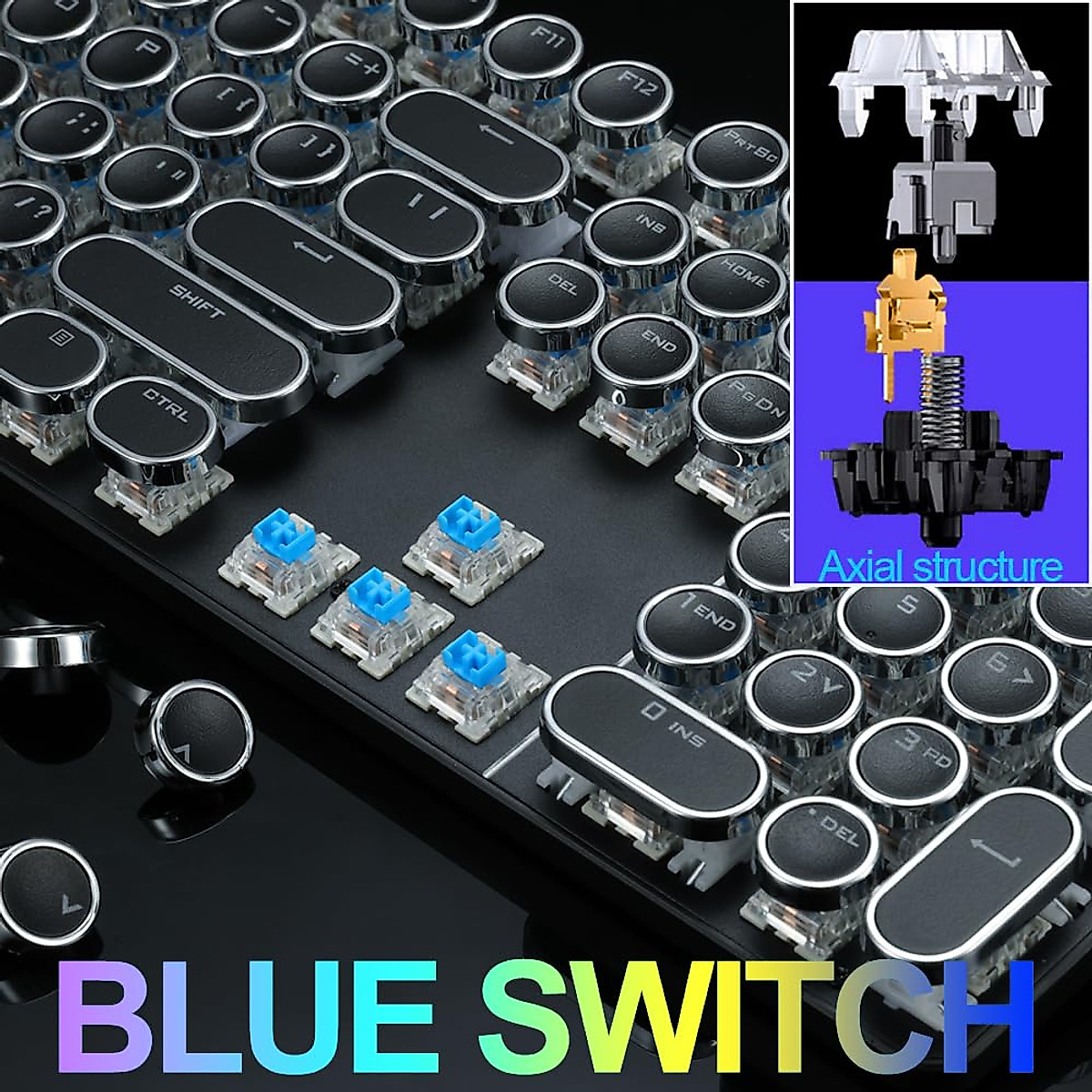 CPAROPAO Typewriter Mechanical Keyboard Blue Switch RGB Backlit Punk Round Keycap 104 Keys Retro Gaming Keyboard Wired (104keys Black(Round keycaps))