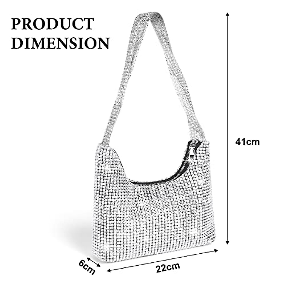 OSDUE Rhinestones Evening Bag, Full Rhinestone Bucket Bag, Glitter Evening Bag, Crystal Zipper Shoulder Bag for Wedding, Party, Club, Prom, Casual Date (Silver)