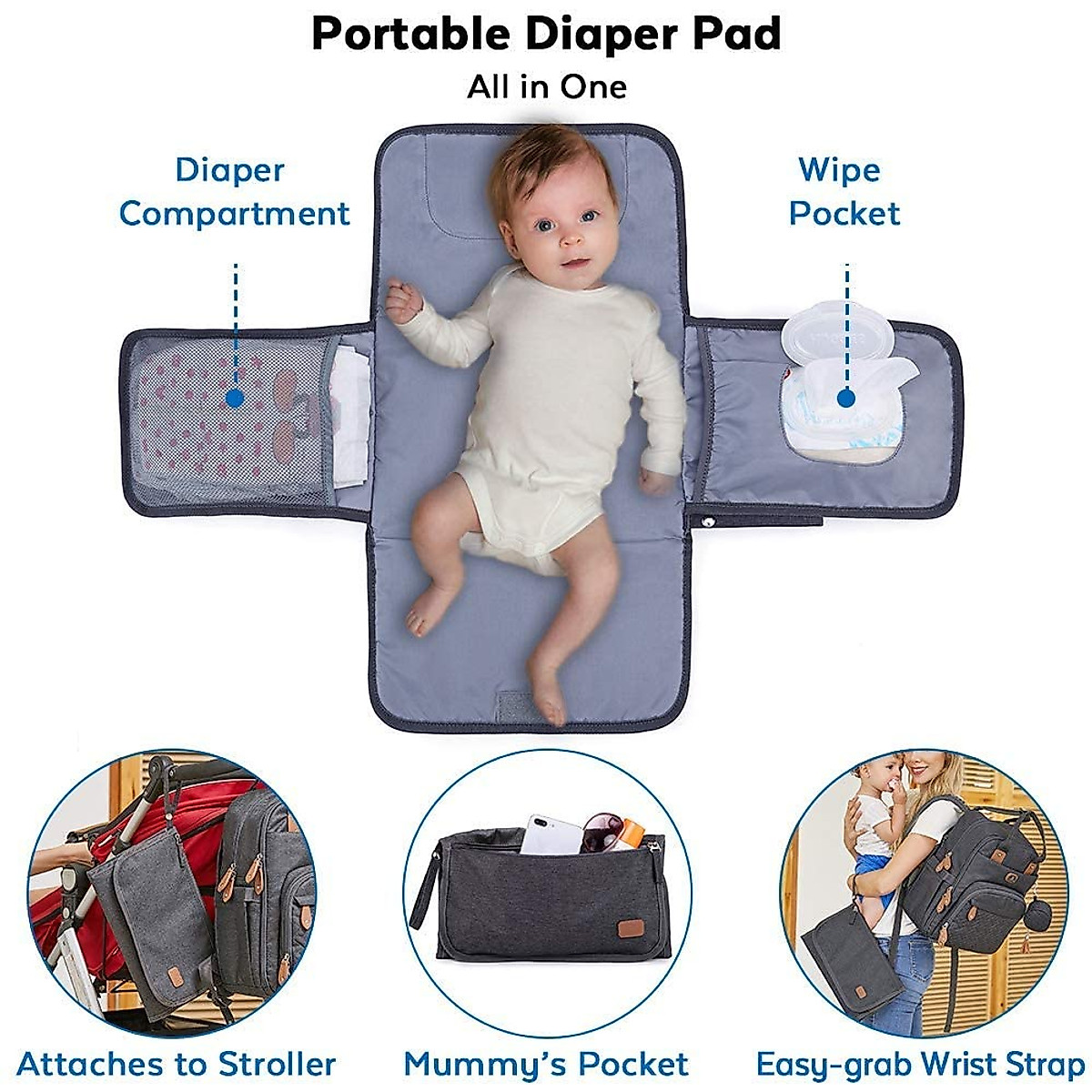 Dikaslon Diaper Bag Backpack, Stroller Hooks, Large Unisex Baby Bags with Changing Pad, Pacifier Case and Universal Stroller Clips for Mom Dad