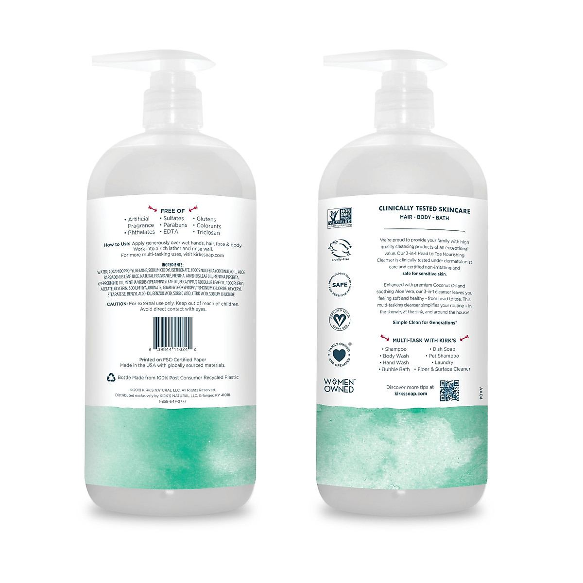 Kirk's 3-in-1 Head to Toe Nourishing Liquid Cleanser & Travel Size Bar Soap - for Men, Women & Children - Premium Coconut Oil & Aloe Vera- Non GMO & Vegan -Mint & Eucalyptus - 32 Fl Oz