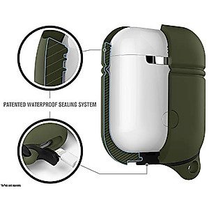 Waterproof Airpods Case 2 & 1 Cover by Catalyst, Shockproof and Drop Proof air pods Protective Cover Soft Skin, Carabiner, Silicone Sealing, Compatible Wireless Charging - Army Green