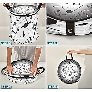 Black Music Notes Pop Up Laundry Hamper With Zipper Lid Foldable Laundry Basket With Handles Collapsible Storage Basket Clothes Organizer for Travel Kids Room