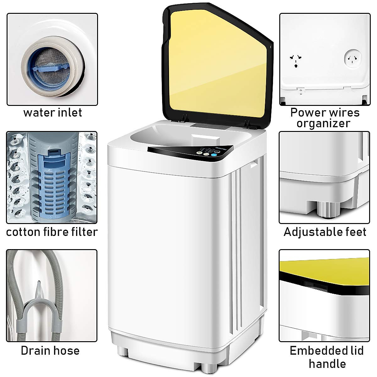 Giantex Full-Automatic Washing Machine Portable Washer and Spin Dryer 7.7lbs Capacity Compact Laundry Washer with Built-in Barrel Light Drain Pump and Long Hose for Apartments Camping (White & Yellow)