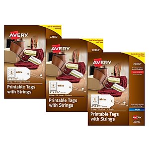 Avery 22802 Printable Tags for Inkjet Printers Only, Tags With Strings, 2" x 3.5", 96 Tags, Sold as 3 Pack, 288 Tags Total