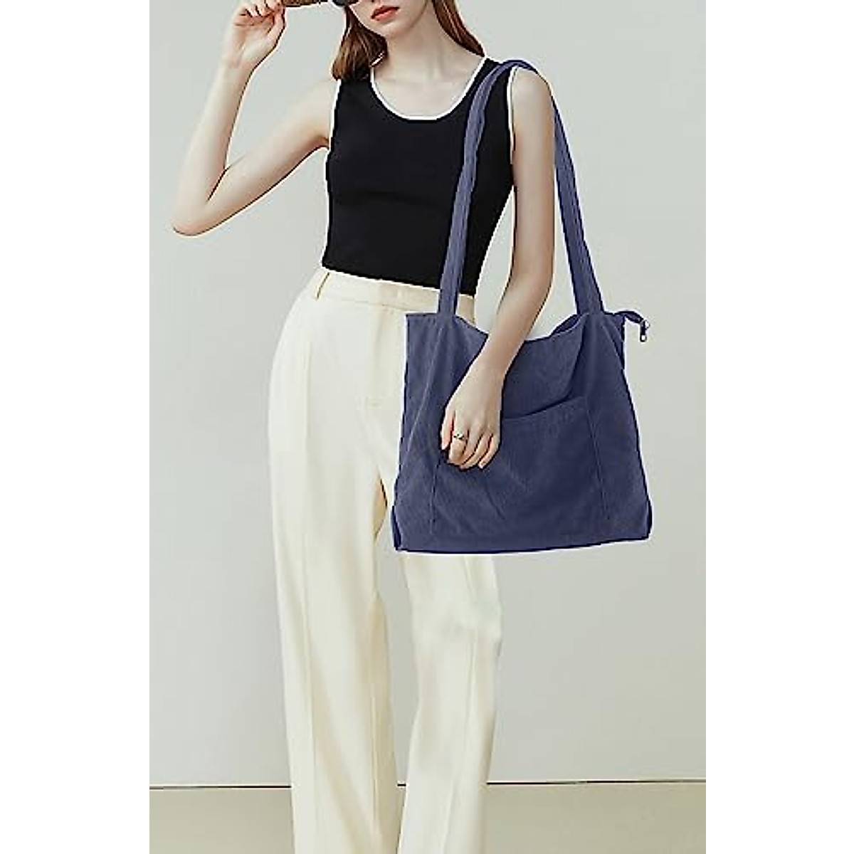 Corduroy Tote Bags for Women with Zipper and Front Pocket Shoulder Handbags Casual Canvas Purse, Grey