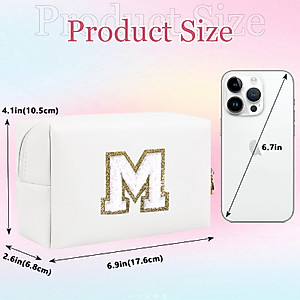 HENGNI Small Personalized Letter Makeup Bag, Cute PU Leather Chenille Letters Cosmetic Bag Travel Makeup Pouch, Preppy Travel Organizer Zipper Pouch for Women&Girls（White-M）