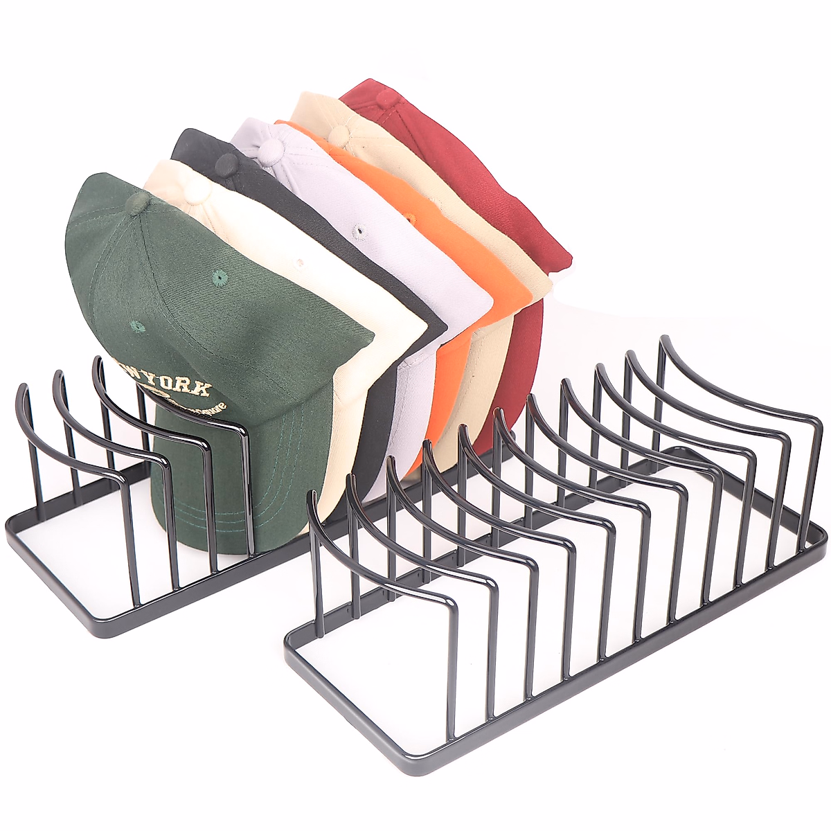 GallFould Hat Stand for Baseball Caps Display and Organizer - 2 Pack Metal Hat Organizer for 20 Baseball Caps - Free Standing/No Install Hat Rack for Closet, Bedroom, Tabletop (Black)