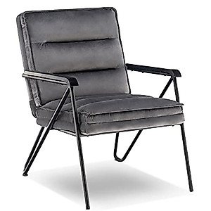 MCombo Accent Chair, Velvet Modern Tufted Curved Backrest Club Chair, Upholstered Leisure Chairs with Metal Legs for Bedroom Living Room 4747(Dark Grey, Chair)