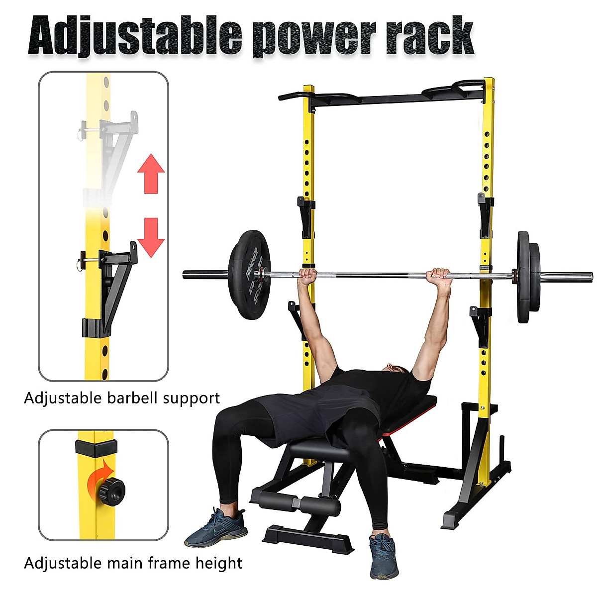 CANPA Multifunction Power Rack with Pull up Bar, Heavy Capacity and Adjustable Squat Stand Rack for Home Gym Equipment, (Yellow)