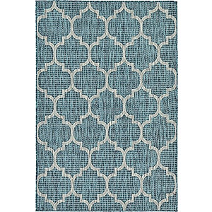 Unique Loom Outdoor Trellis Collection Area Rug (4' 1" x 6' 1" Rectangle, Teal/ Gray)