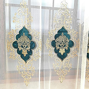 SLOW SOUL 2 Panels European Luxury Curtains Velvet Embroidered Tulle for Living Room Kitchen Bedroom Sheer Curtain with Rod Pocket Teal Green 50W X 84L inch