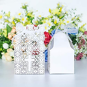 JOLALIA Baptism Cross Favor Boxes 50pcs,Laser Cut Candy Gift Box With Ribbons for Baptism, Christening Party, First Communion Baby Shower Wedding Party Bomboniere Decoration (2.9" x2.36" x3.14")