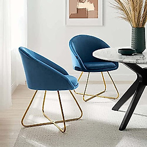 Altrobene Modern Accent Chair, Velvet Dining Chair Set, Living Room Bedroom Kitchen Arm Chair, Golden Finished, Set of 2, Navy Blue