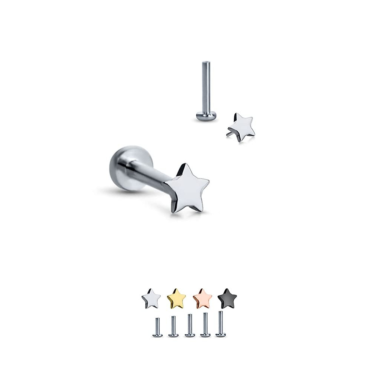 Nose Ring Bling Titanium Labret Monroe Ear Cartilage Threadless Push Pin Nose Stud Black Star 1/4'' (6mm) Post 18G