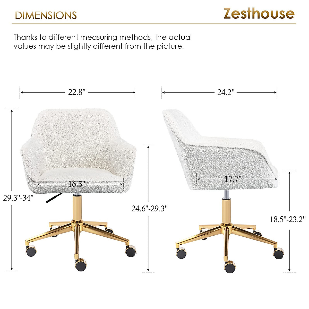 Zesthouse Modern Desk Chair with Wheels, White Swivel Vanity Chair for Girls Women, Upholstered Home Office Chair Boucle Armchair for Bedroom, Height Adjustable Computer Task Chair, Gold Base