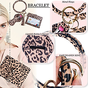 BIHRTC Wristlet Bracelet Keychain Card Holder Key Bangle PU Leather Wristlet Keyring Bracelets Tassel Keychain Round Key Ring with Charpstick Holder for Girls Leopard