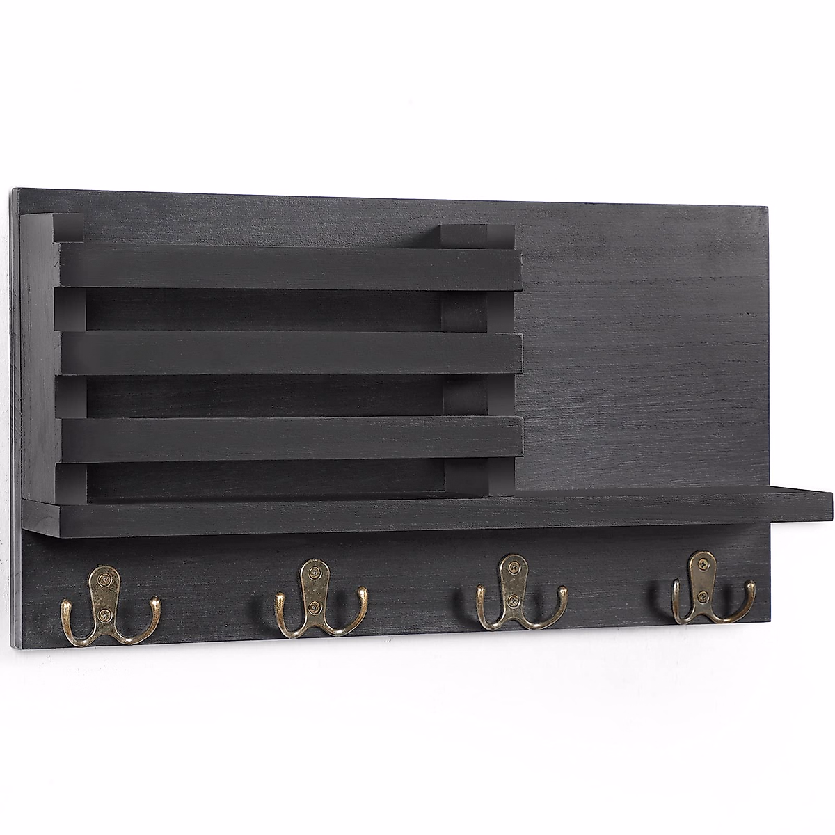 Lwenki Key & Mail Holder for Wall - Rustic Natural Paulownia Wood, 4 Double-Hook Hangers - Wall Mounted Organizer for Decor, Bags, Accessories - Hardware & Manual Included (Black)