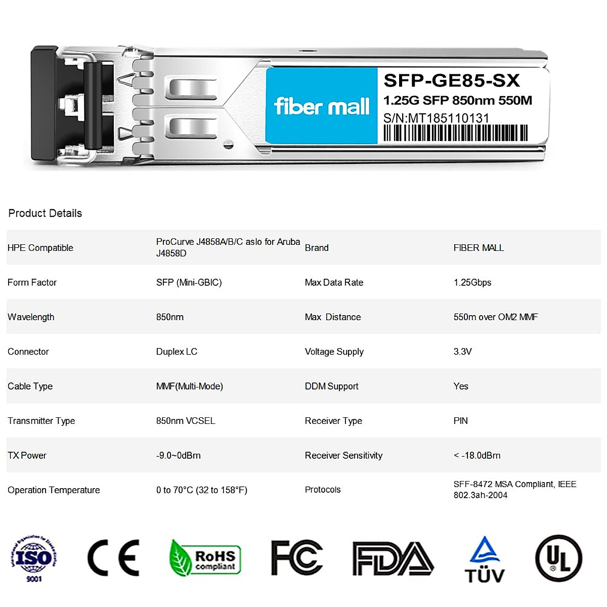 1G SFP SX for HPE ProCurve J4858C J4858B J4858A HPE Aruba J4858D 1000BASE-SX SFP LC Mini-GBIC 850nm 550m Multimode Transceiver Module