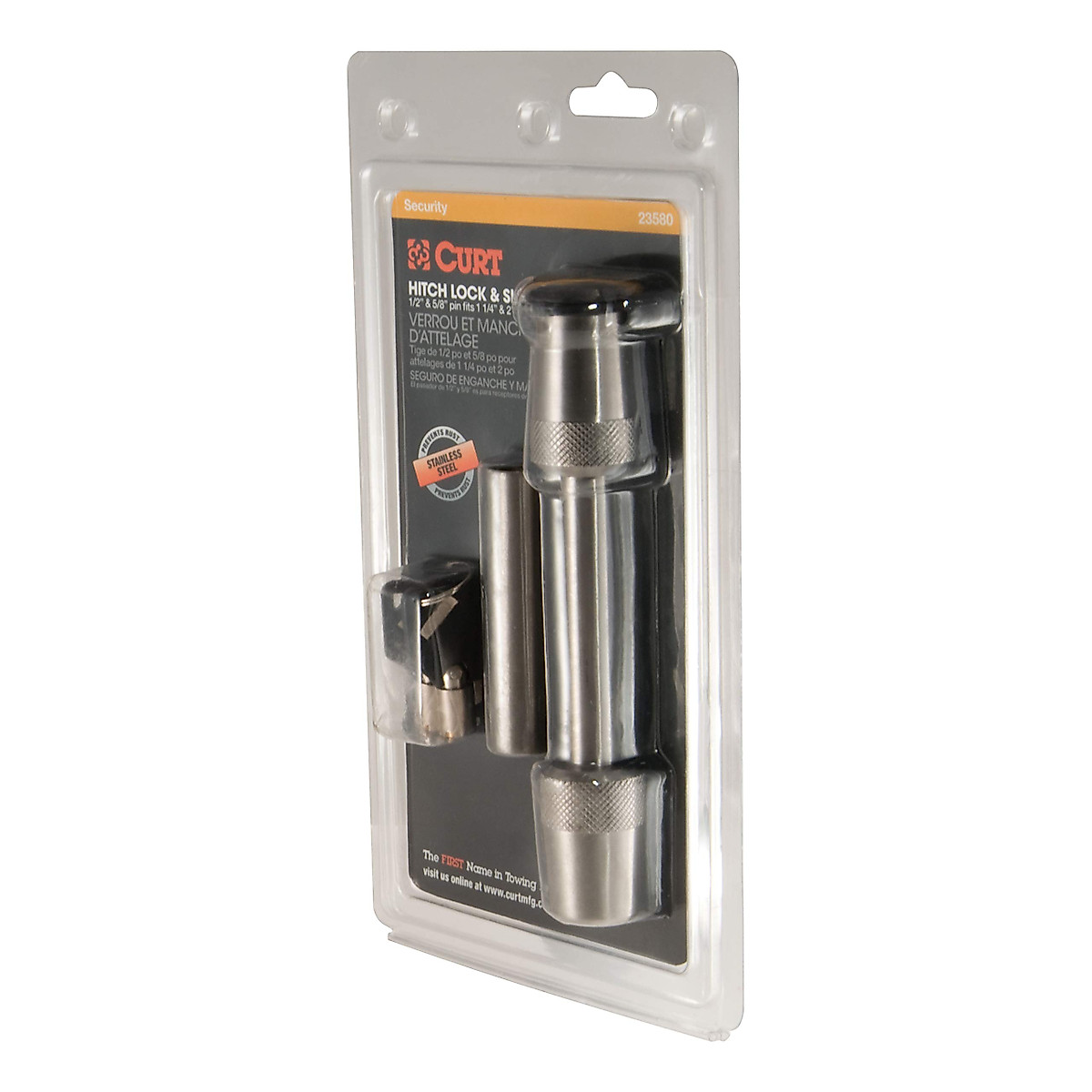 CURT 23580 Stainless Steel Trailer Hitch Lock, 1/2-Inch Pin Diameter, 5/8-Inch Adapter, Fits 1-1/4 or 2-Inch Receiver