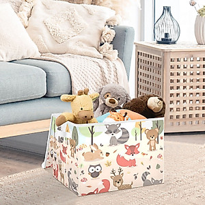 Large Collapsible Fabric Storage Bins with Lids 16.5*12.6*11.8in Cute Woodland Forest Animals Deer Rabbit Bear Fox Raccoon Bird Owl Foldable Storage Boxes Organizer Containers Baskets Cube for Shelves