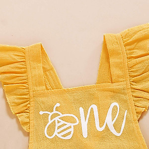 GRNSHTS Baby Girls First Birthday Outfits Ruffle Honey Bee Romper Backless Bodysuit Cake Smash Outfits (Yellow, 12-18 Months)