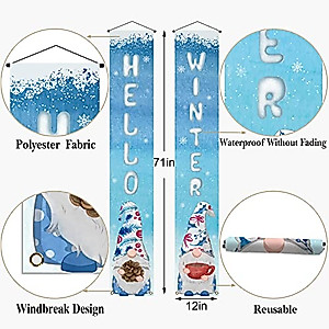 Pudodo Hello Winter Gnome Porch Banner Swedish Elf Snow Christmas Xmas Holiday Front Door Sign Wall Hanging Party Decoration