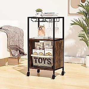 SZLHANJZ Wine Cart, Small Liquor Cart with Glass Holder, Rolling Side Table for Beverage Serving, Wood and Metal Bar Cart with Wine Rack for Home Bar, Kitchen, Living Room, Rustic Brown