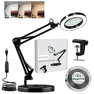 Nerefou Magnifying Glass with Light and Stand, 10X Magnifying Lamp, 2-in-1 Magnifying Desk Lamp with Clamp, 3 Color Mode, Magnifying Glasses with Light for Close Work (1st Generation Base ＆ Clamp)