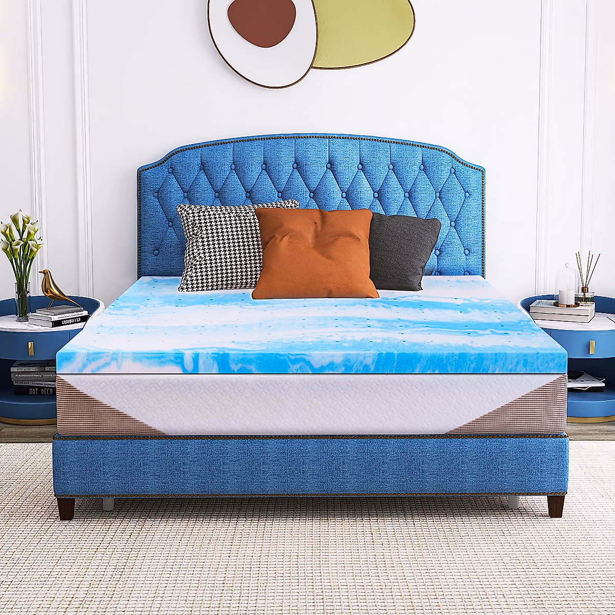 Opoiar 2 Inch Cooling Gel Memory Foam Mattress Topper in a Box, Medium Firm Mattress Topper for Pressure Relief & Temperature Regulation,CertiPUR-US Certified, Blue&White(Queen)