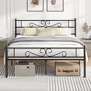 VECELO Full Size Bed Frame with Headboard, 14 Inch Metal Platform Mattress Foundation, No Box Spring Needed, Squeak Resistant, Easy Assembly, Matte Black