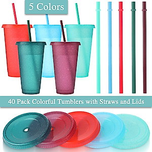 24 oz Cups with Lids and Straws Plastic Tumbler with Straw and Lid Glitter Tumbler Iced Coffee Cup Reusable Travel Mug Water Bottle for Smoothie Party Birthday(Cute Color,40 Pack)