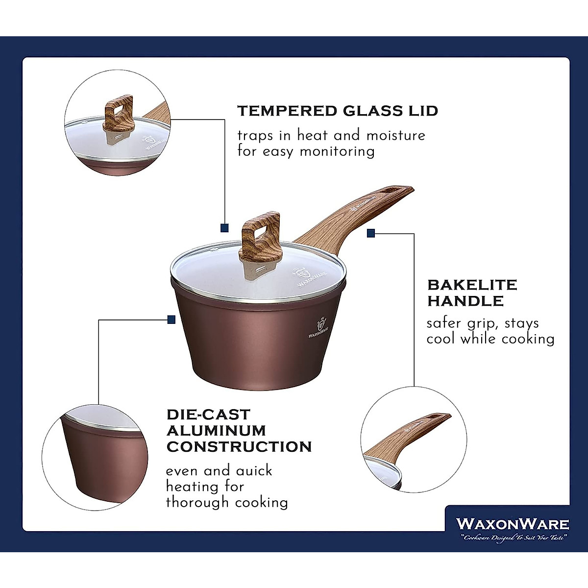WaxonWare Non Stick Saucepan & Wok Pot, Induction Compatible & Marbellous Coating (A 100% PFOA Free Coating Made In Germany) - For Sauces, Soups, Pasta & Rice (2.2 Quart Saucepan)