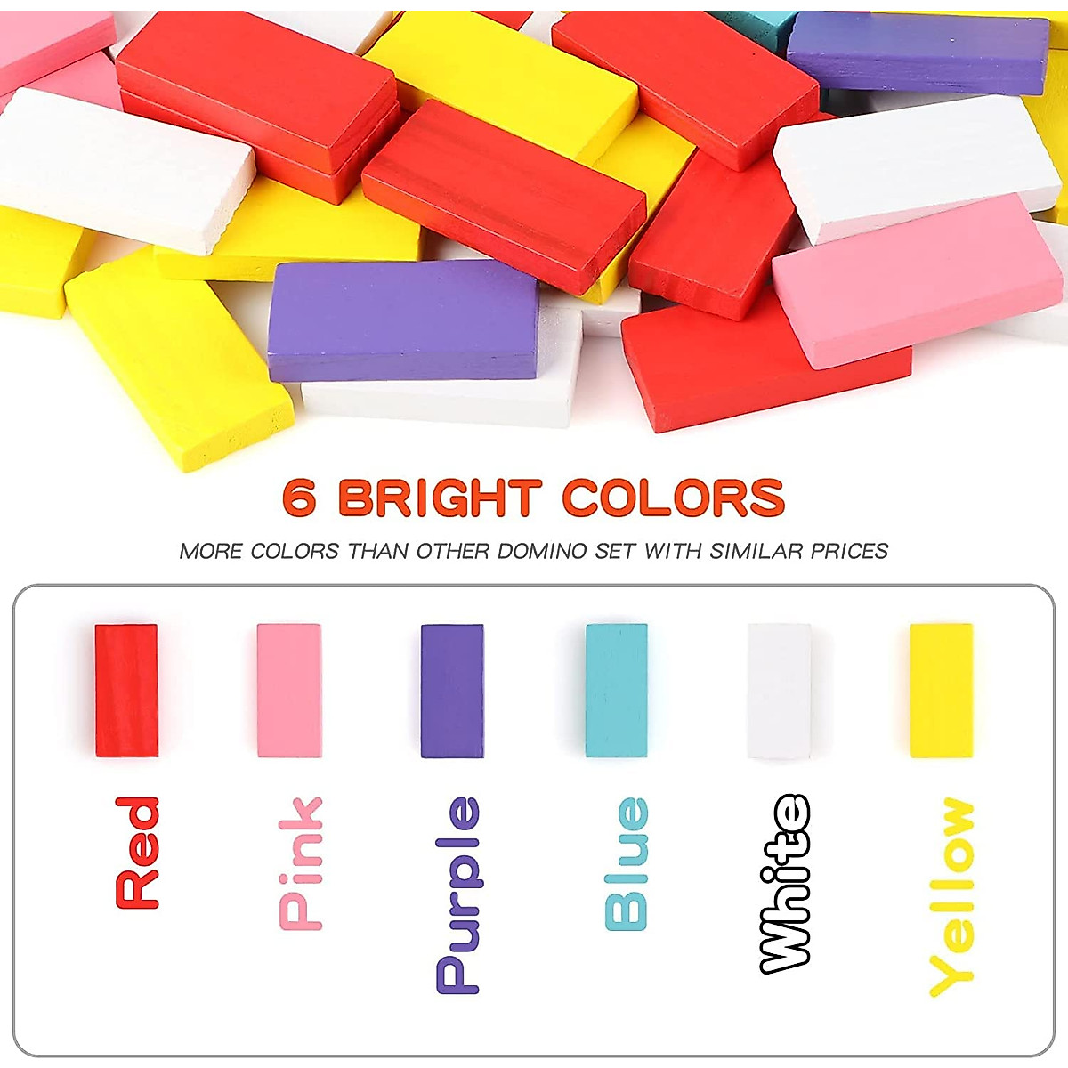 Wondertoys 600 PCS Dominoes Set for Kids Wooden Building Blocks 6 Colors Bulk Dominoes Racing Tile Games Educational Toy for Kids Birthday Party with 11 Add-on Blocks and 1 Storage Bag