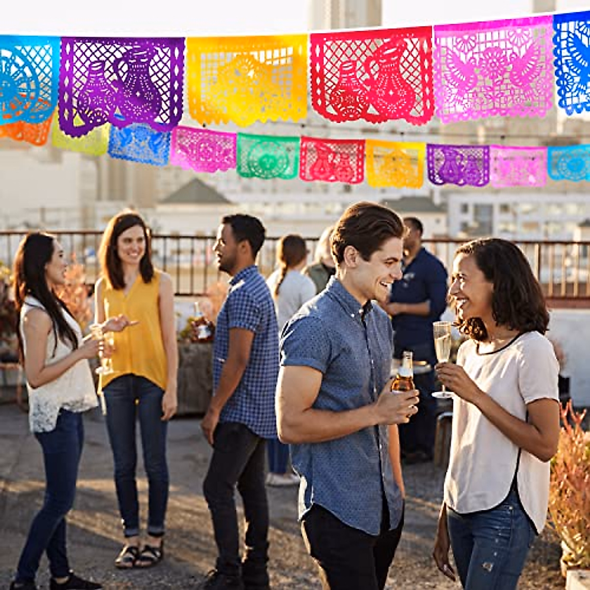 FIVE packs, 82 ft Mexican Party Banners PLUS 250 gr of Multicolor Confetti - Authentic Papel Picado - Handcrafted by Mexican Artisans - Cinco de Mayo decorations
