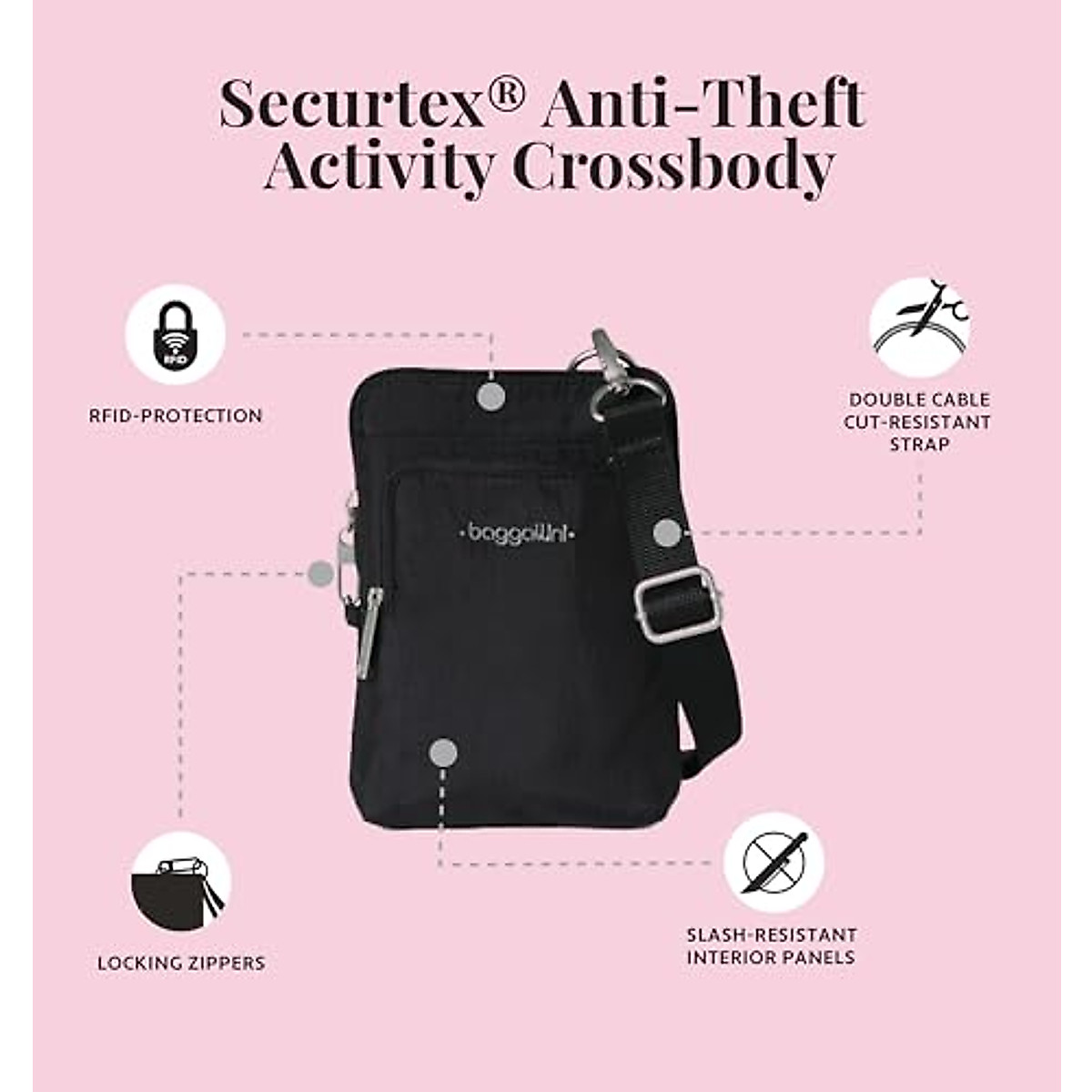 Baggallini Womens Securtex Anti-Theft Activity Crossbody Bag, French Navy