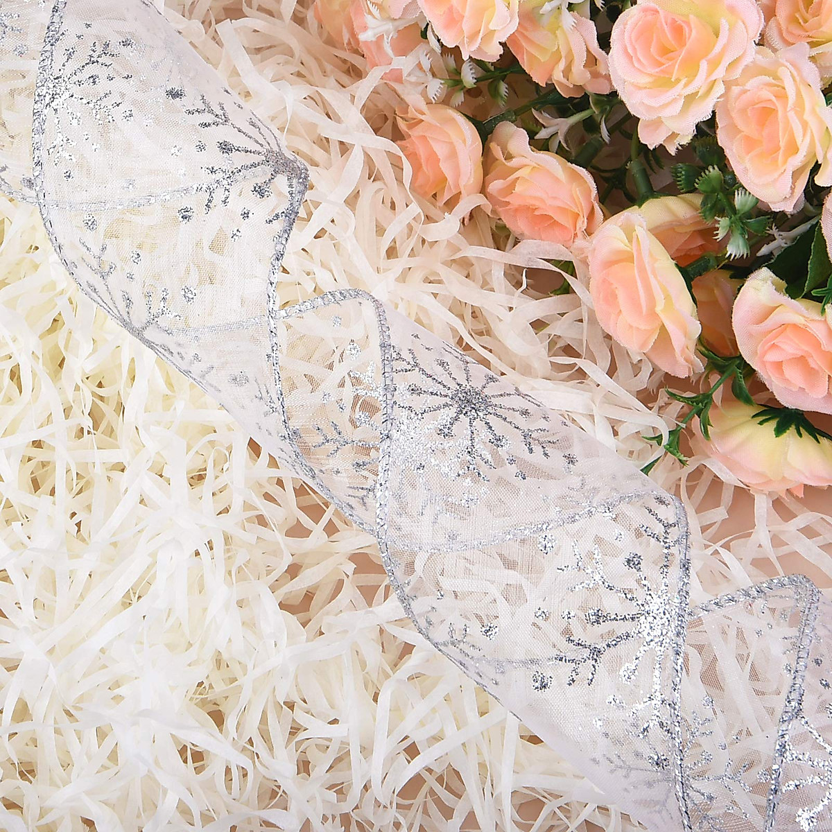 Livder 2.5 Inch Wide Christmas Wired Ribbon Snowflake Organza Sheer Glitter Ribbon for Xmas Tree, Wreath, Party Decoration, Gift Wrapping (Silver-White, 10.9 Yards)