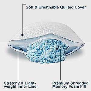 Cooling Bed Pillows for Sleeping 2 Pack Shredded Memory Foam Adjustable Pillows Standard Size Set of 2 for Side Back Sleepers - Luxury Extra Comfy Gel Pillows with Washable Removable Cover