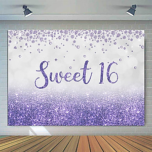 PHMOJEN Sweet 16 Backdrop, Girl Birthday Purple Bokeh Twinkle Diamond, Dessert Table Banner Background Decoration Studio Photography Props 7x5ft BJLSPH1180