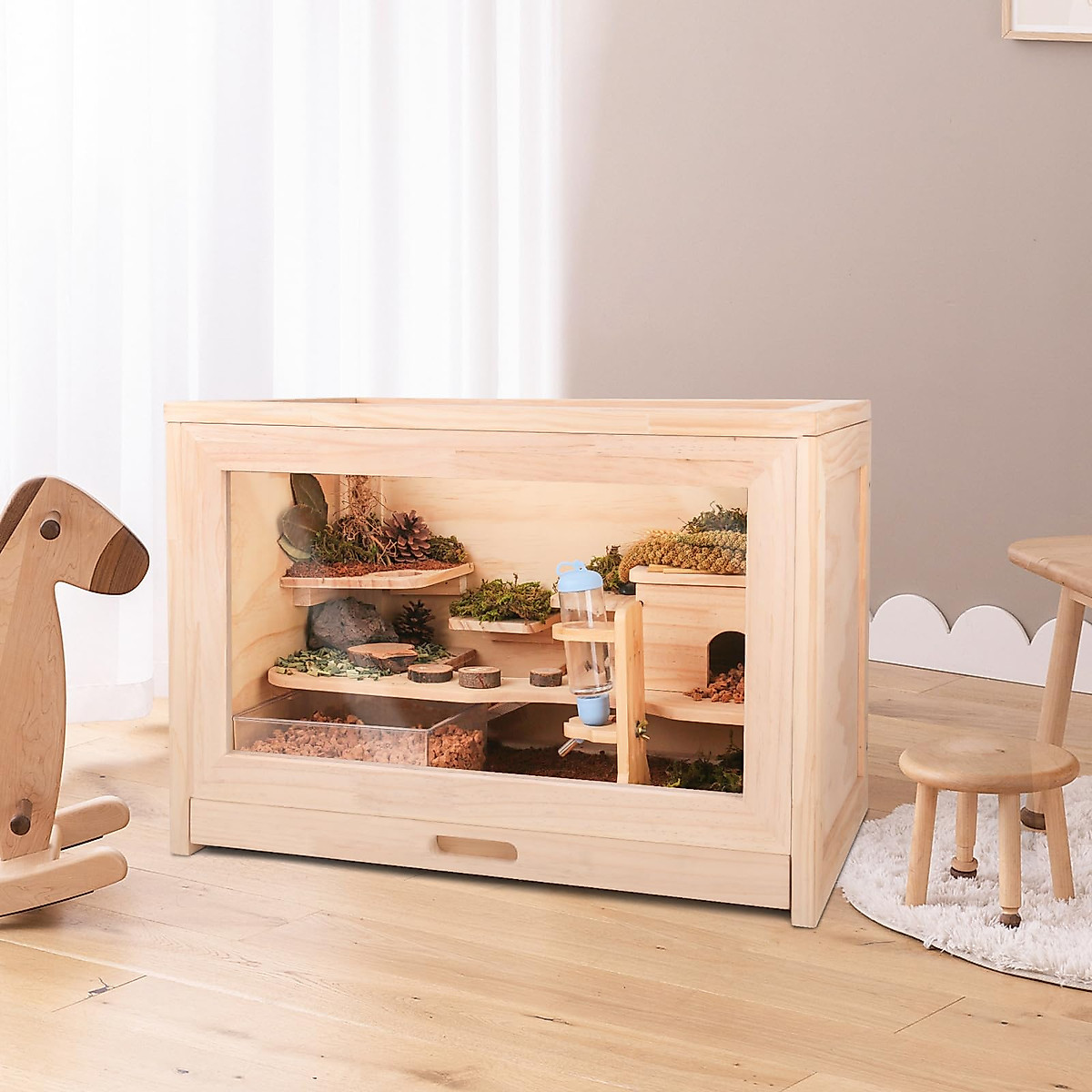 Wooden Hamster Cage and Hideout (23.6" L x 15.7" W x 15.7" H) for Small Animal, Syrian Hamster, Guinea Pig, Gerbil, 2-Tiers with Shelf and Ladder, Waterproof Pull-Out Tray, Natural Wood