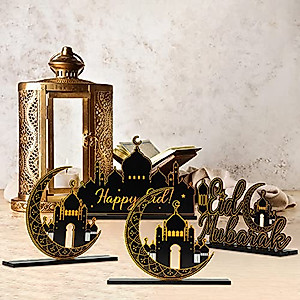 WATINC 4pcs Ramadan Kareem Wooden Table Topper Centerpiece Decorations, Happy Eid Mubarak Party Wood Tiered Tray Signs Table Decor, Al-Fitr Black Gold Detachable Tabletop Supplies for Home Kitchen