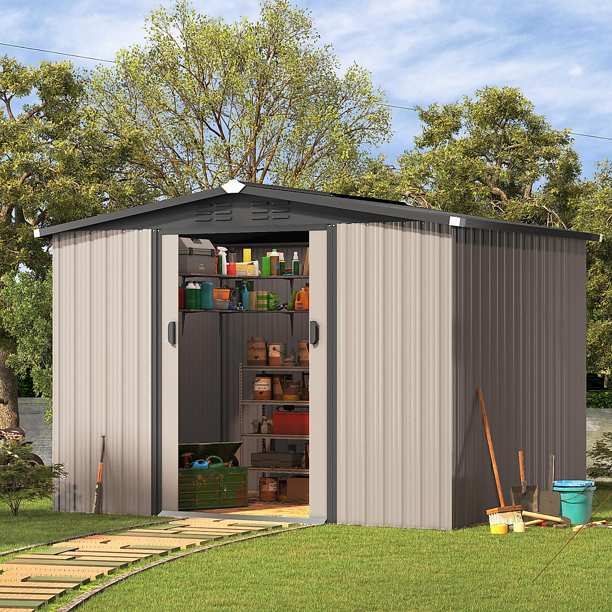AECOJOY 8 x 6 Ft Shed, Outdoor Storage Tool Shed (Sliding Door), Metal Garden Shed for Yard, Outdoor Storage Clearance in Grey