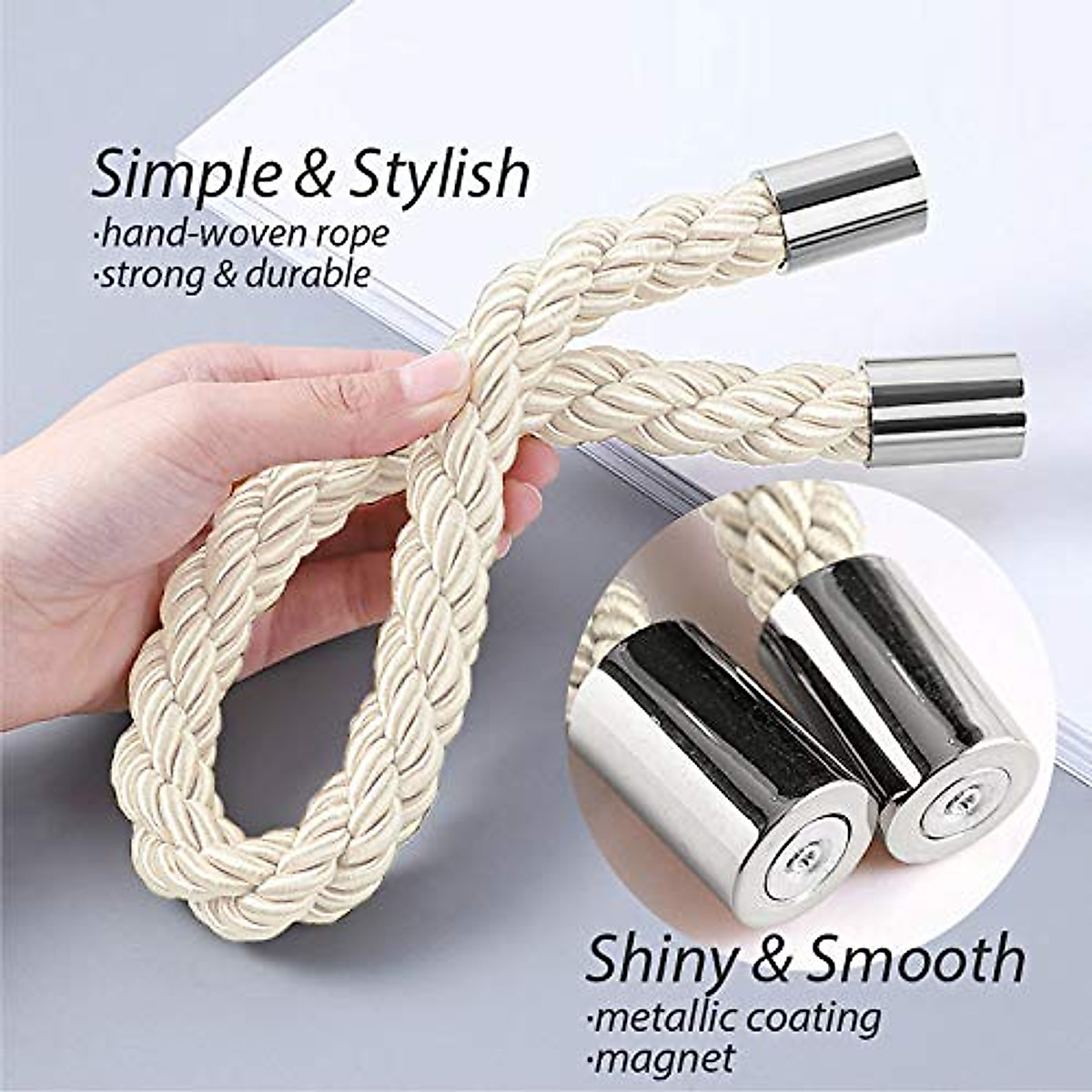 NICEEC 2 Pack Strong Magnetic Curtain Tiebacks Modern Simple Style Drape Tie Backs Convenient Decorative Weave Rope Curtain Holdbacks for Thin or Thick Home & Office Window Draperies (Beige)