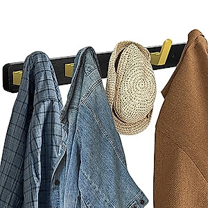 IBosins Coat Hooks Wall Mounted Coat Rack, 16.7'' Long, Entryway Hanging Coat Rack, Black Wood Coat Rack with 5 Gold Literary Rustic Hooks, Decorative Hooks Rail for Coat, Scarf, Bag, Towel, Hat