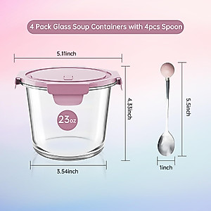 GO2HEJING Glass Food Storage Containers with Spoon Pack of 4, 23oz Glass Soup Containers with Airtight Lids, 3 Cup Leak-proof Round Glass Meal Prep Containers Microwave, Dishwasher and Freezer Safe